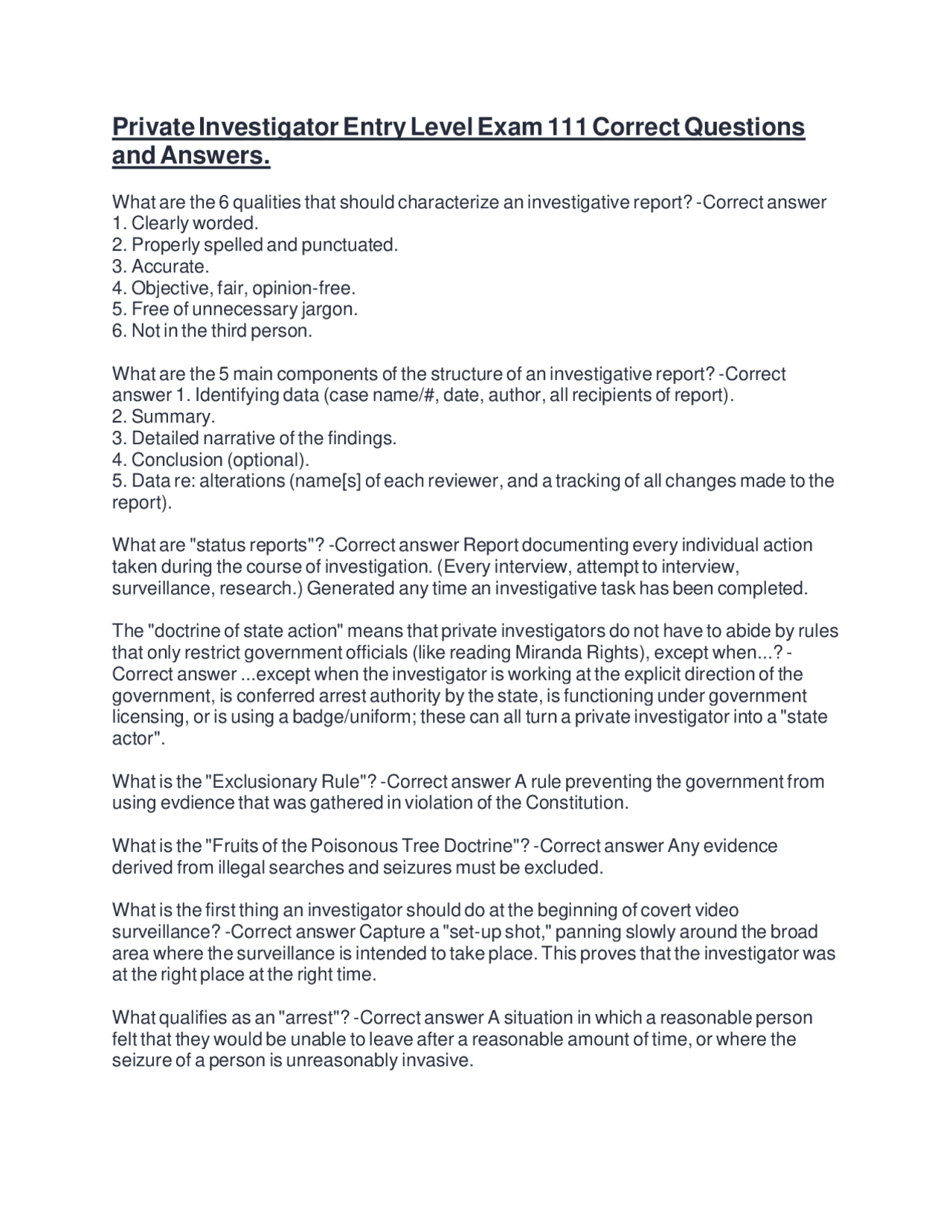 Private Investigator Entry Level Exam 111 Correct Questions and Answers ...