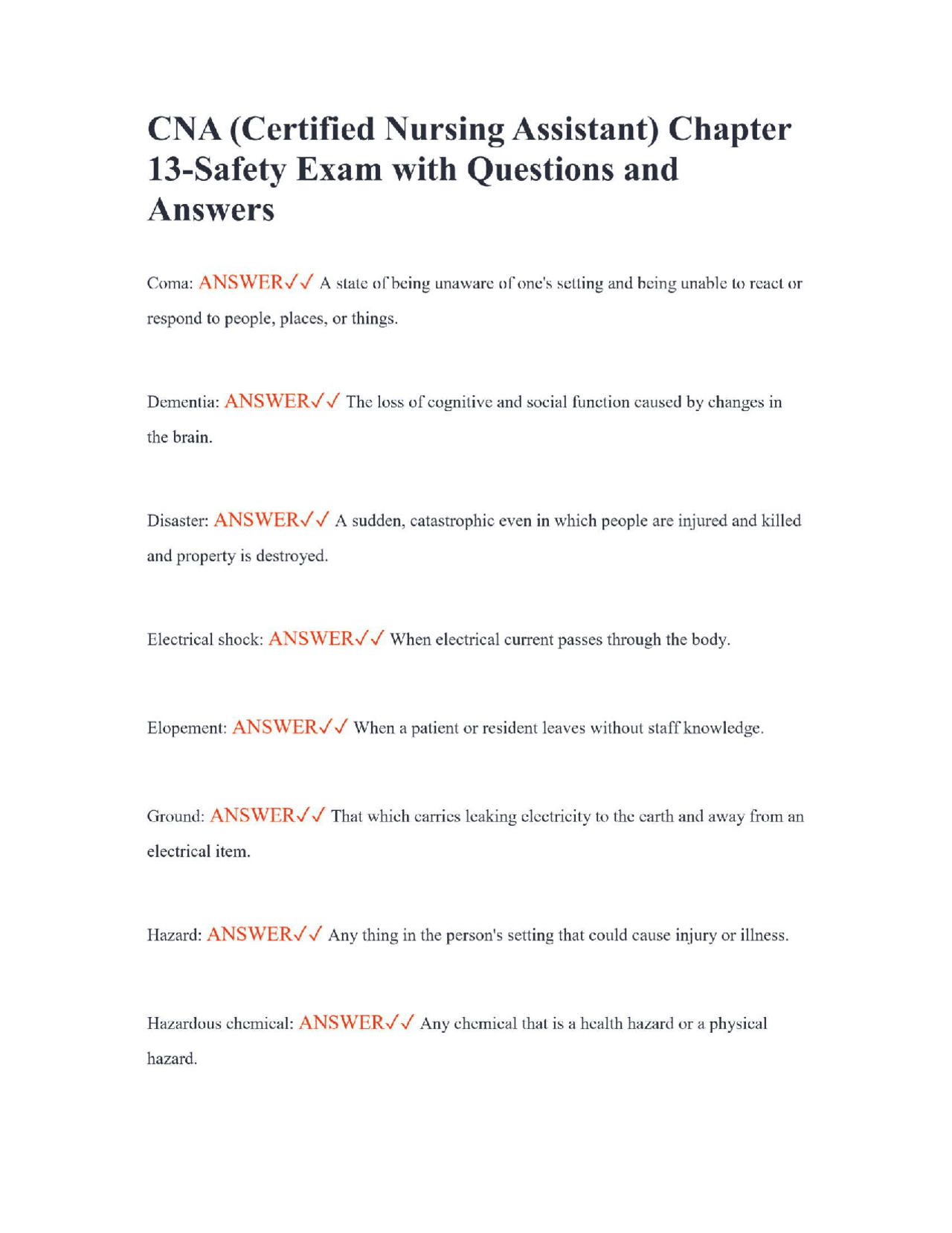 CNA (Certified Nursing Assistant) Chapter 13-Safety Exam with Questions ...