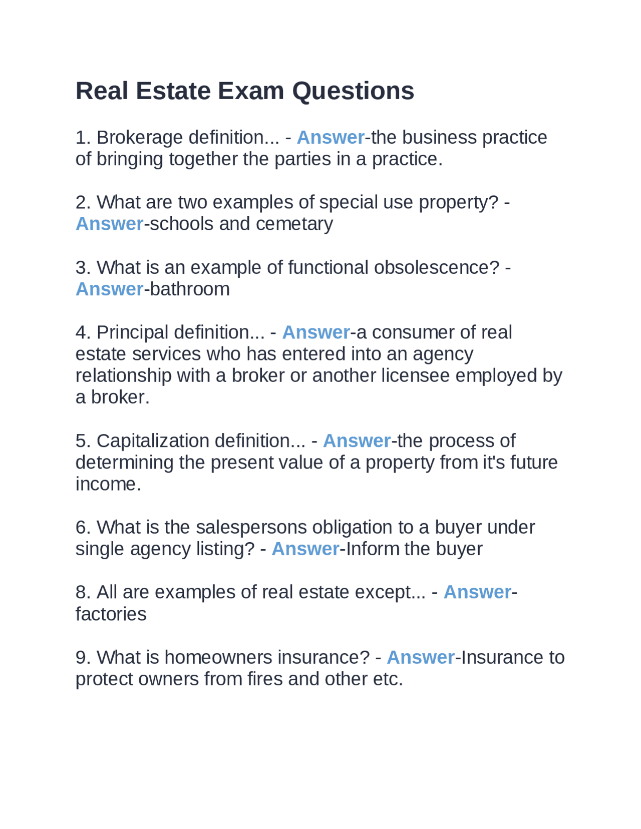 Real Estate Exam Questions | Exams Real Estate Management | Docsity