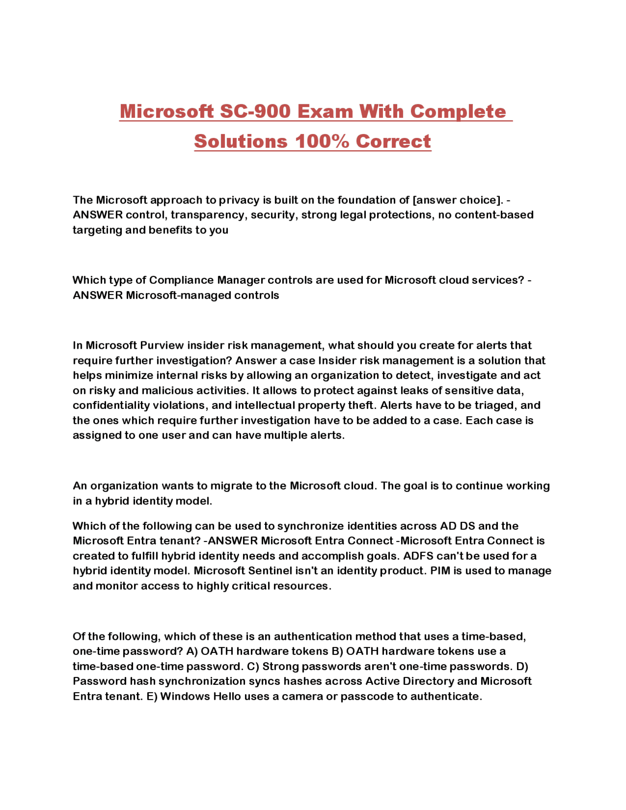 Microsoft SC-900 Exam With Complete Solutions 100% Correct | Exams ...