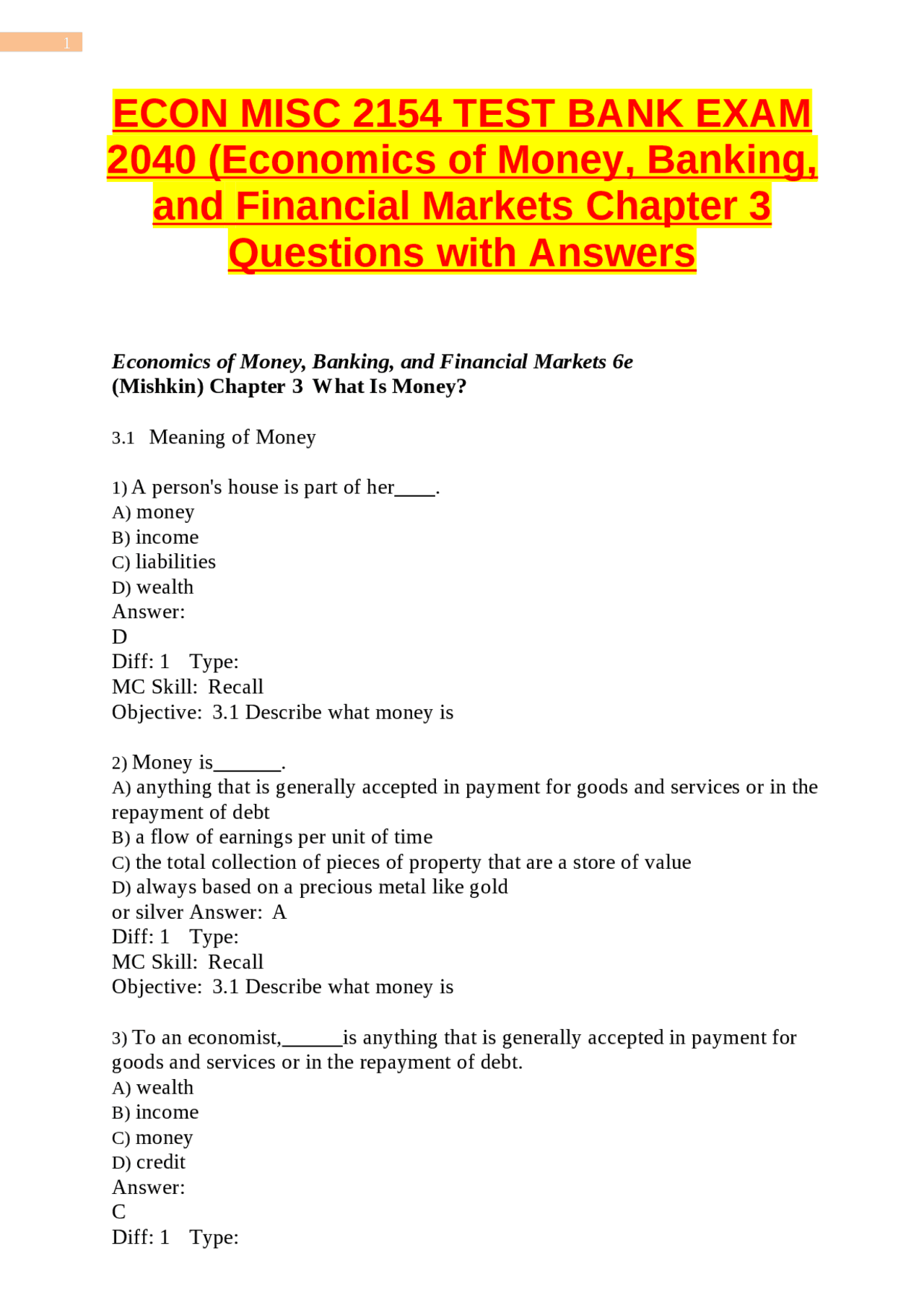 ECON MISC 2154 TEST BANK EXAM 2040 (Economics of Money, Banking, and ...