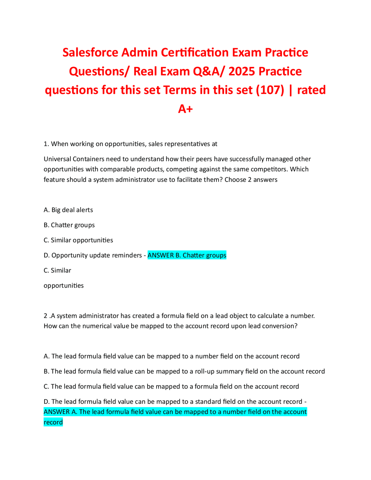 Salesforce Admin Certification Exam Practice Questions 2025 Exams Sales Management Docsity
