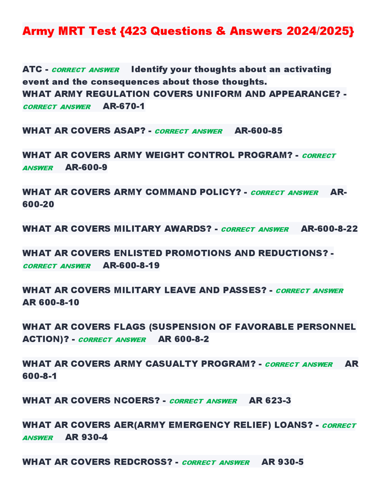 Army MRT Test: 423 Questions & Answers for 2024/2025 | Exams Nursing ...