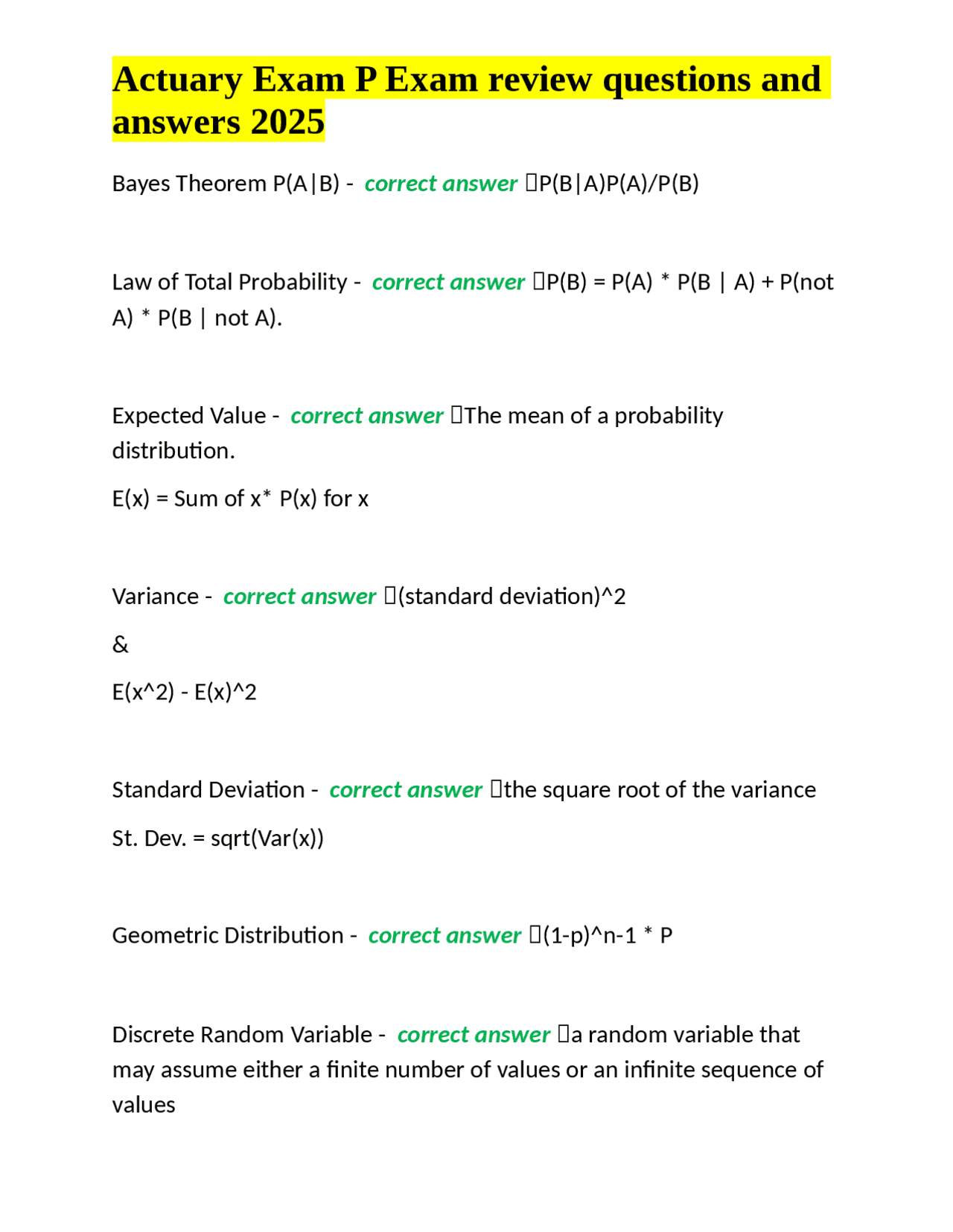 Actuary Exam P Review Questions and Answers: Key Concepts and Formulas ...