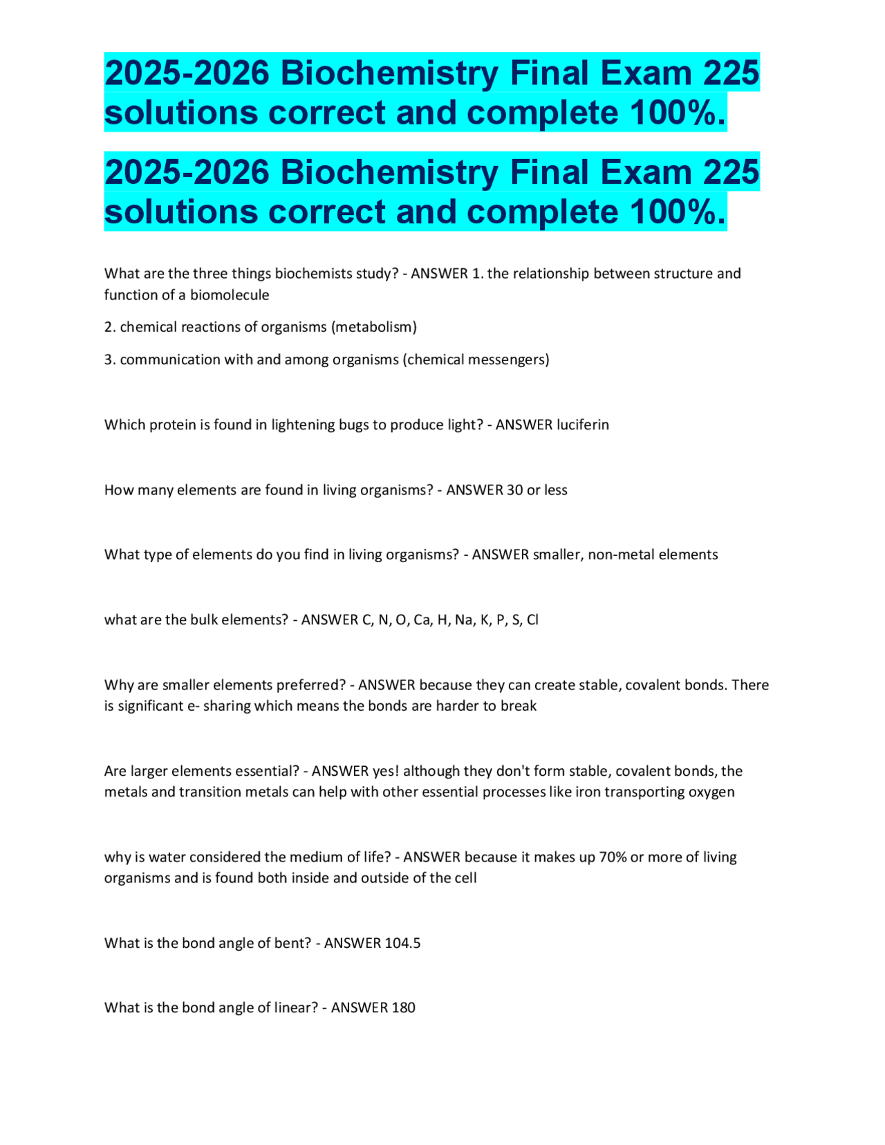Biochemistry Final Exam Questions and Answers: 2025-2026 | Exams ...