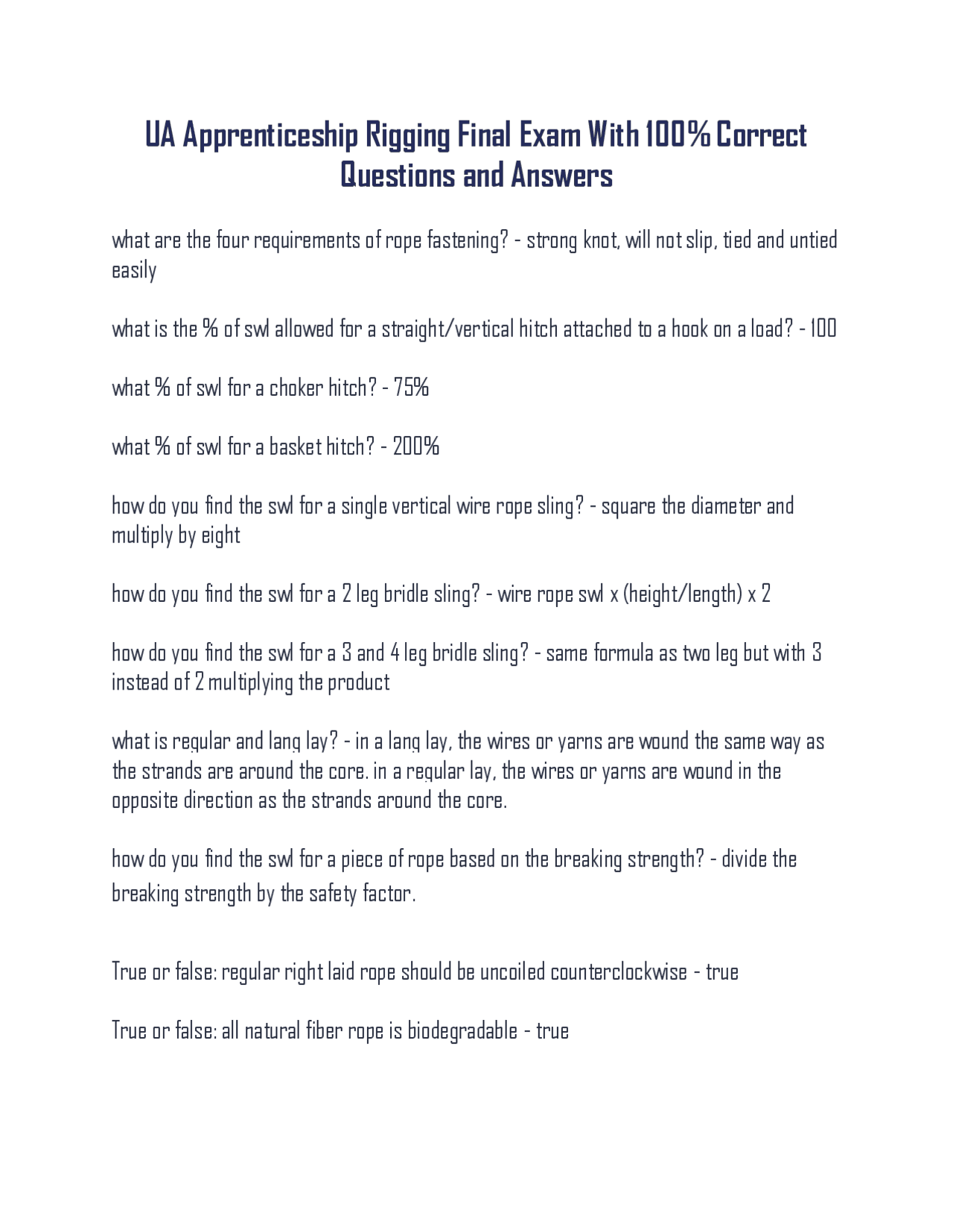 Rigging Final Exam: Questions and Answers for UA Apprenticeship | Exams ...