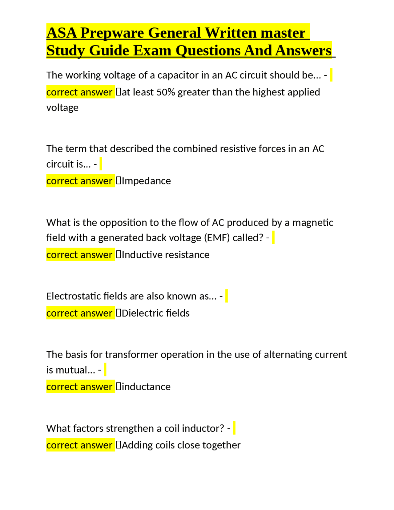 ASA Prepware General Written master Study Guide Exam Questions And ...