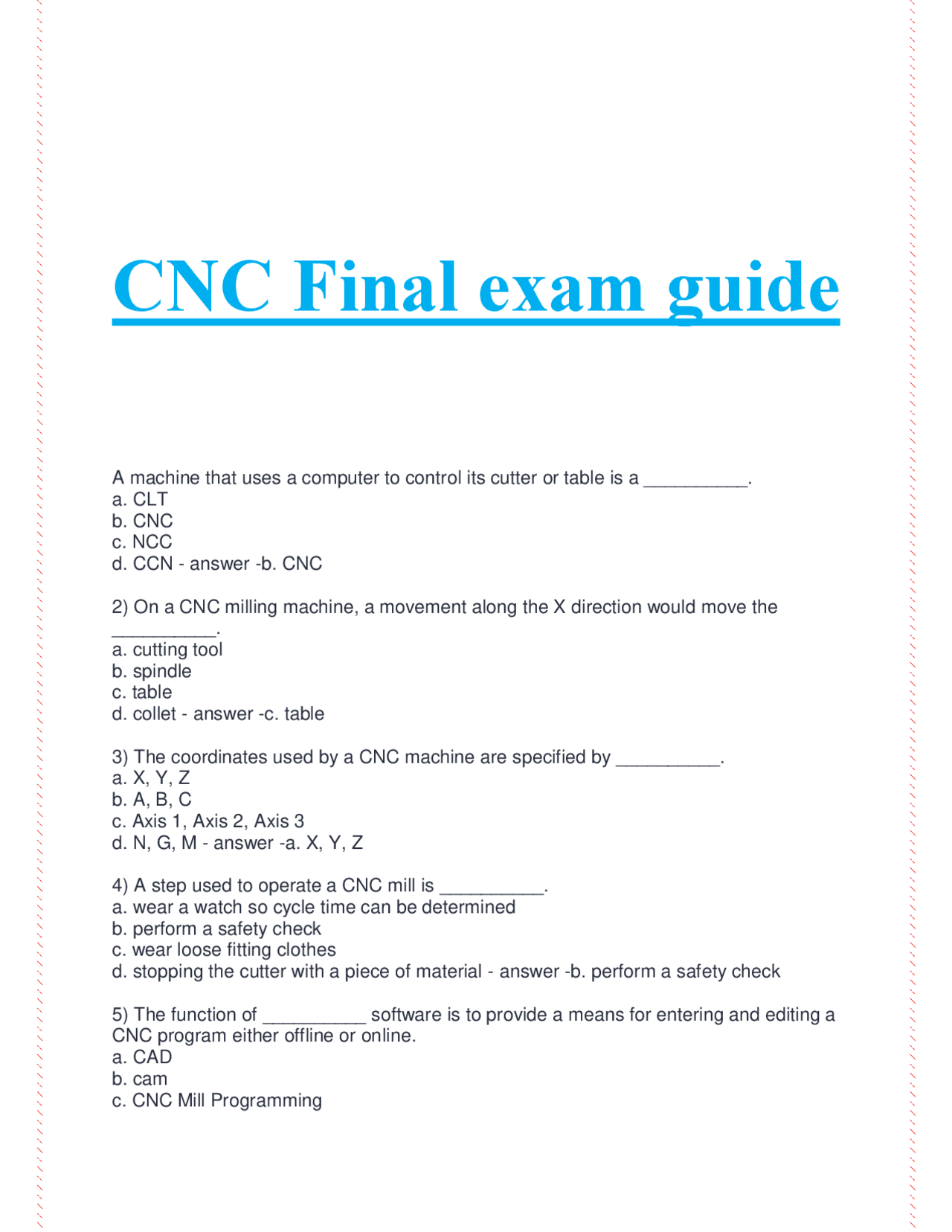 CNC Final exam guide.pdf | Exams Nursing | Docsity