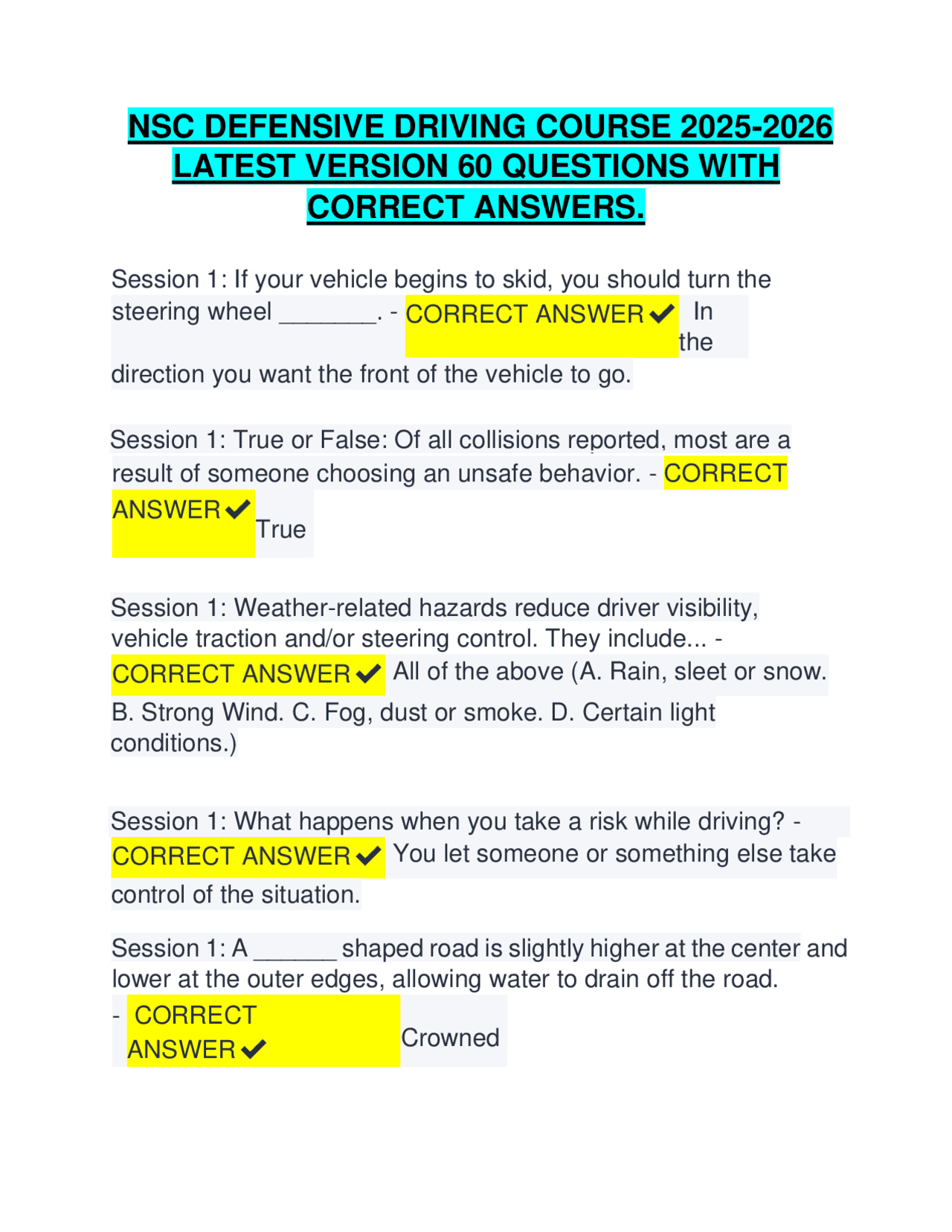 NSC Defensive Driving Course 2025-2026: 60 Questions with Correct ...