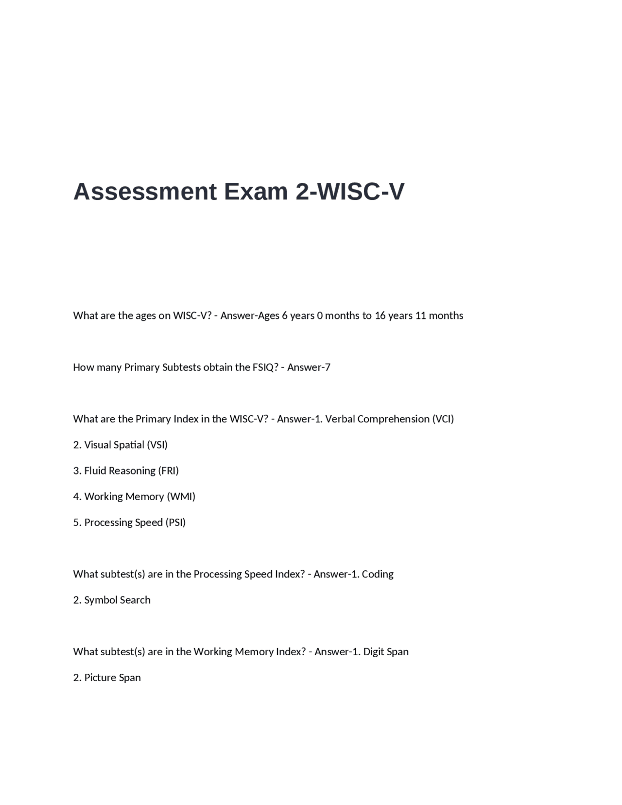WISC-V Assessment Exam: Questions and Answers | Exams Nursing | Docsity