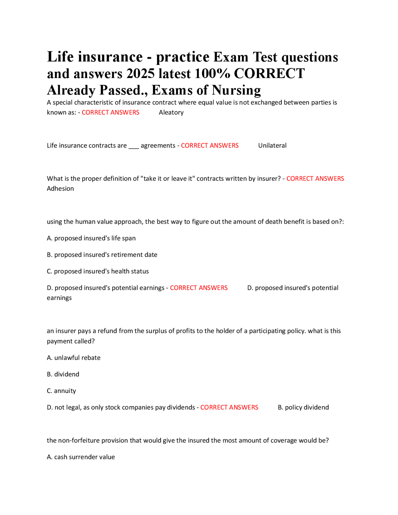 Life insurance - practice Exam Test questions and answers 2025 latest ...