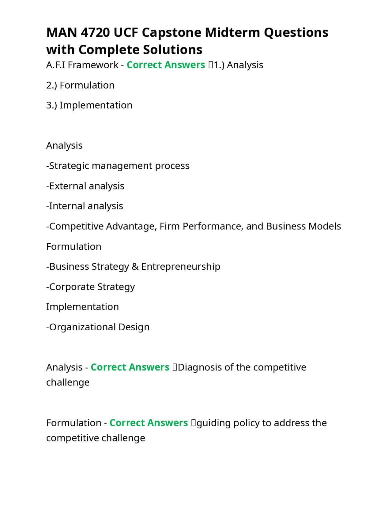 MAN 4720 UCF Capstone Midterm Questions with Complete Solutions | Exams Nursing | Docsity