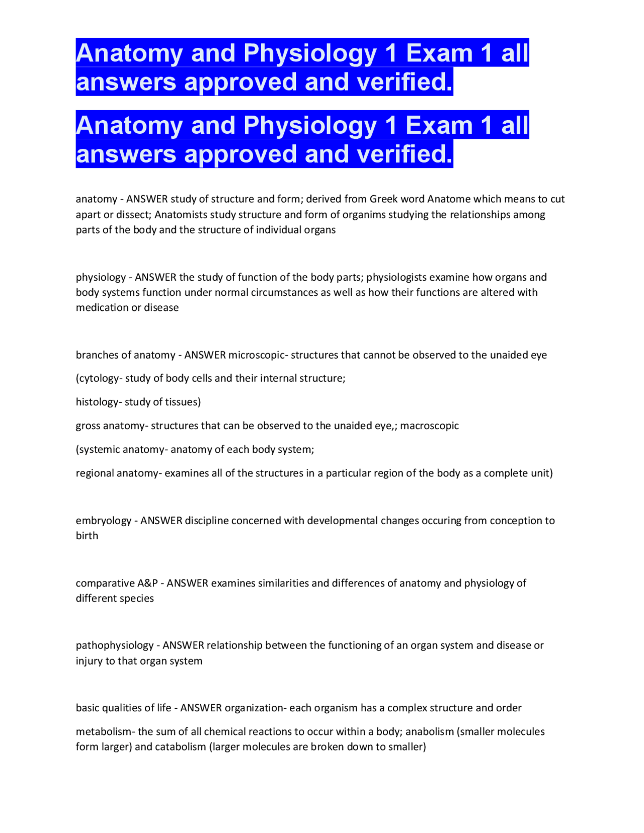 Anatomy and Physiology 1 Exam 1: Comprehensive Study Guide with Answers ...