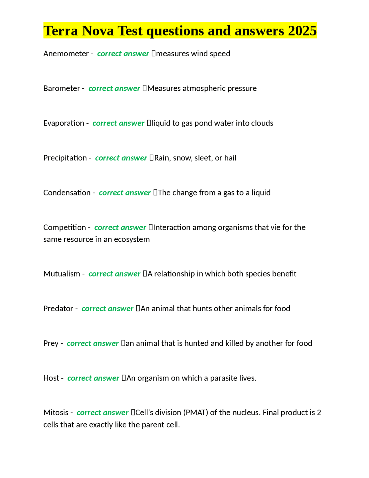 Terra Nova Test questions and answers 2025 | Exams Nursing | Docsity