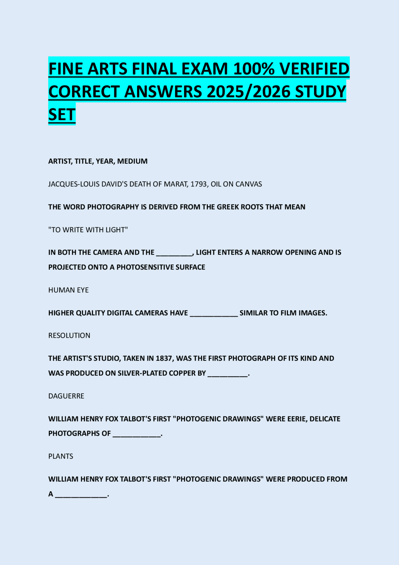 FINE ARTS FINAL EXAM 100% VERIFIED CORRECT ANSWERS 2025/2026 STUDY SET ...
