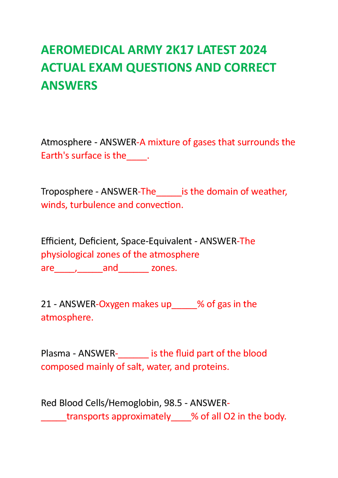 Aeromedical Army 2017: Exam Questions and Answers for Aviation Medicine | Exams Nursing | Docsity