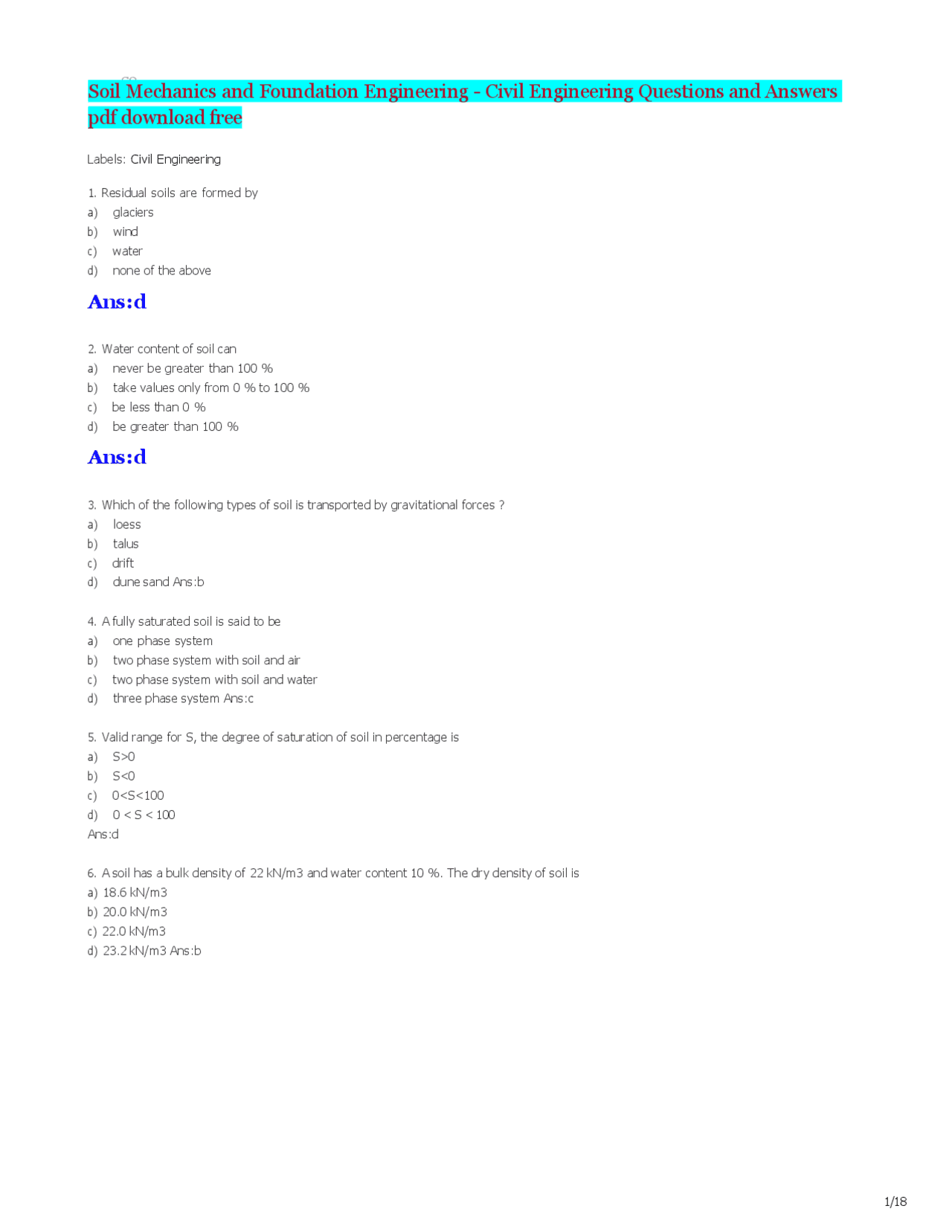 Soil Mechanics and Foundation Engineering ­ Civil Engineering Questions and Answers pdf do ...