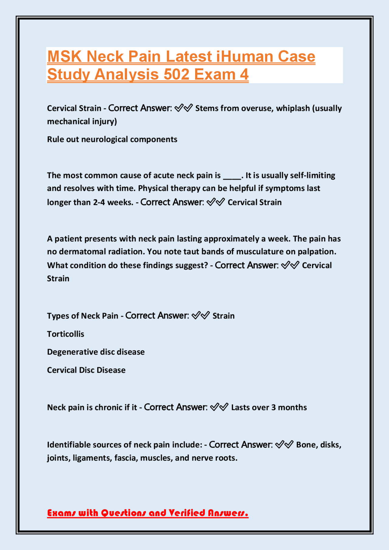 MSK Neck Pain: iHuman Case Study Analysis - Exam 4 | Exams Nursing ...