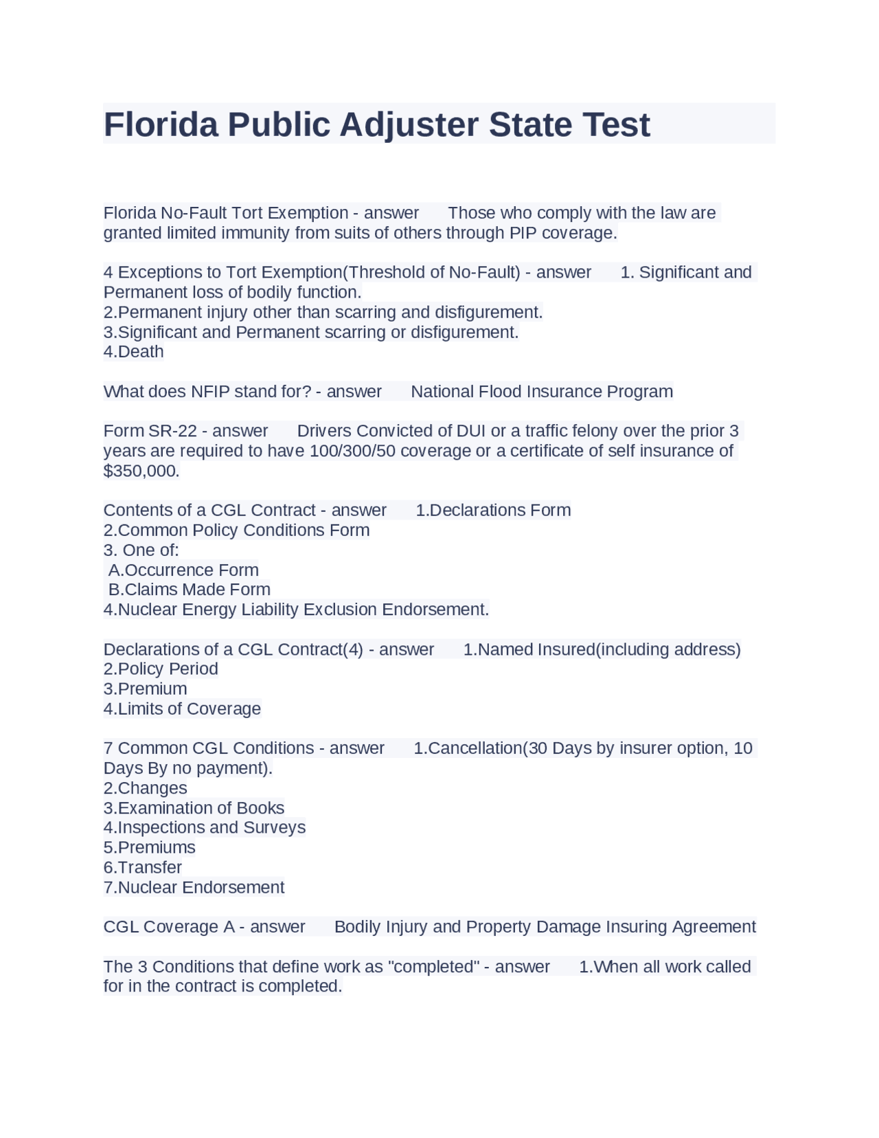 Florida Public Adjuster State Test Questions with Accurate Answers ...