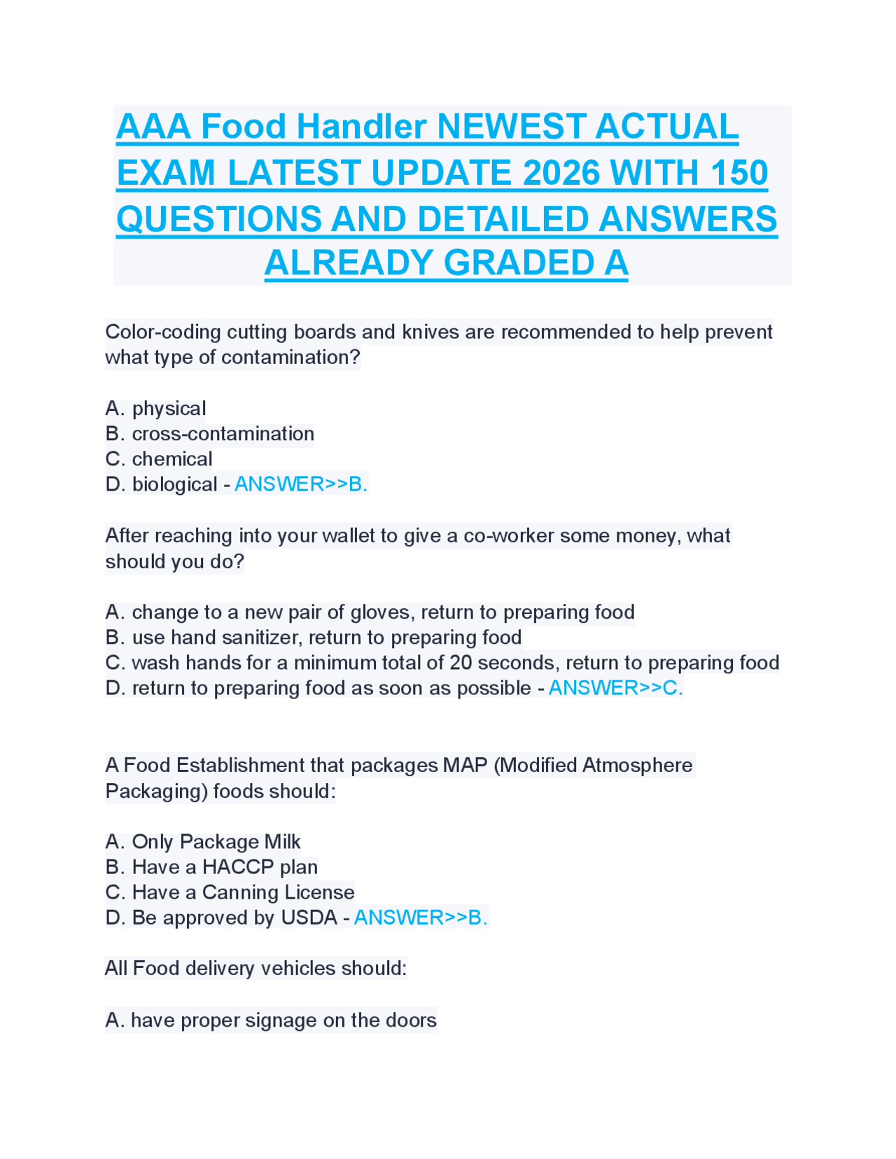 AAA Food Handler NEWEST ACTUAL EXAM LATEST UPDATE 2026 WITH 150 ...