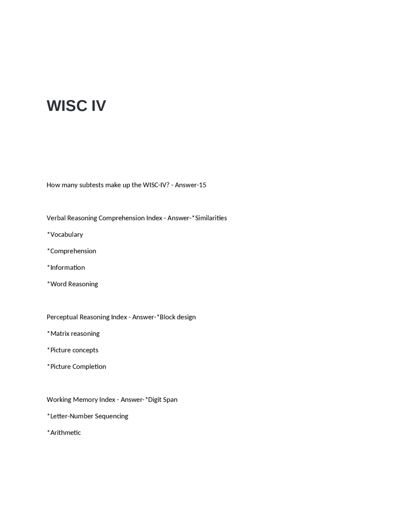 WISC IV Test Questions with 100% Correct Answers | Exams Nursing | Docsity