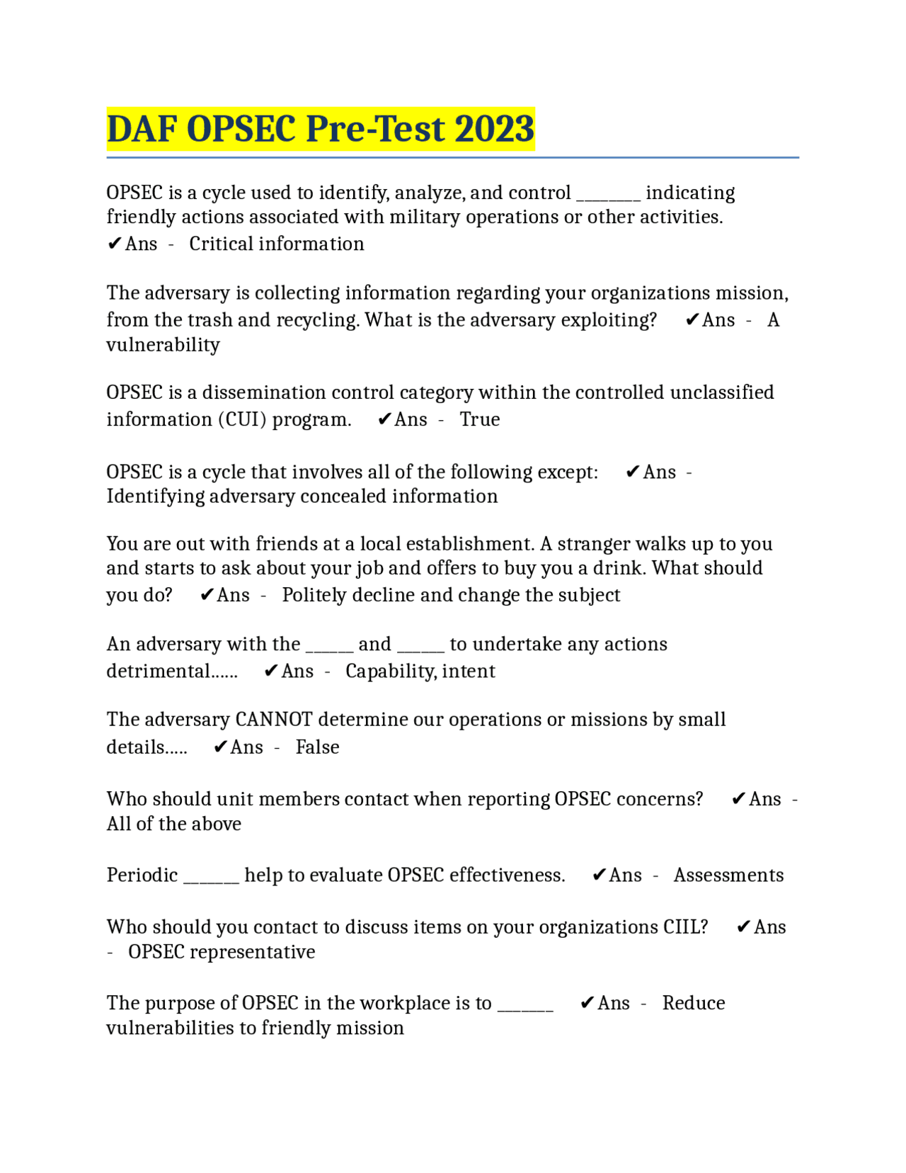 DAF OPSEC Pre-Test 2023 | Exams Nursing | Docsity