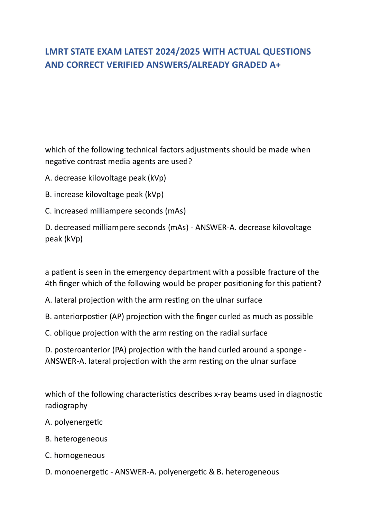 LMRT State Exam Questions and Answers: 2024/2025 | Exams Nursing | Docsity