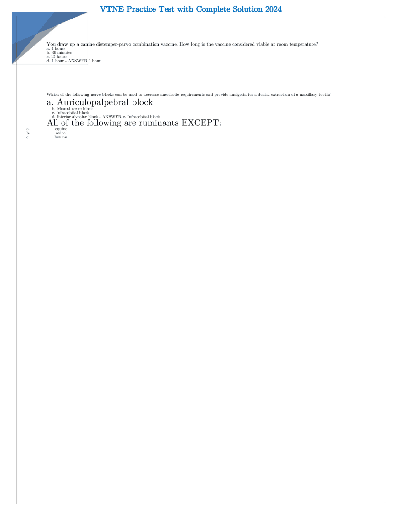 VTNE Practice Test with Complete Solution 2024 | Exams Nursing | Docsity