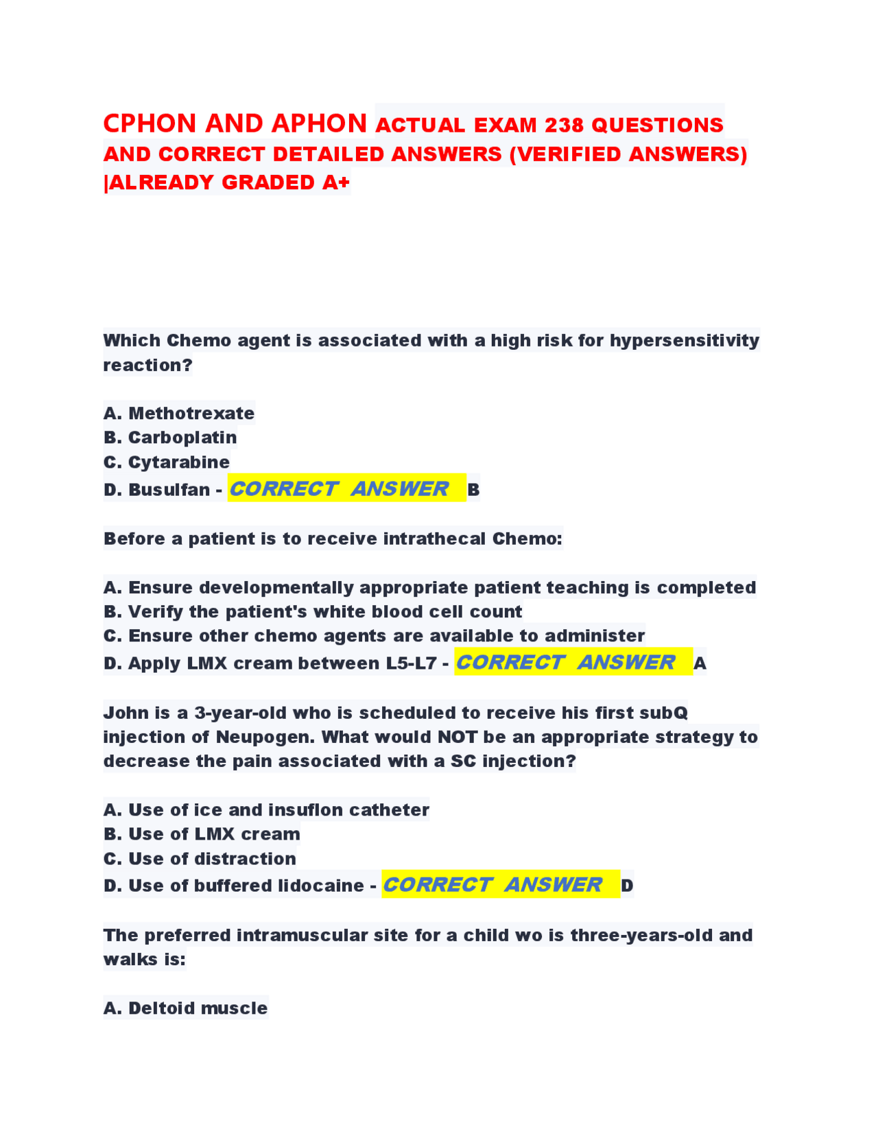 CPHON & APHON Exam: 238 Verified Questions & Answers | Exams Nursing ...
