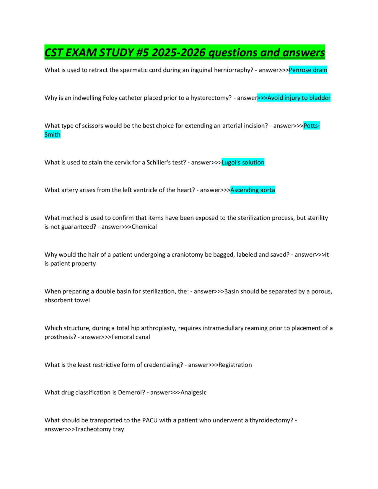 CST EXAM STUDY #5 2025-2026 questions and answers | Exams Nursing | Docsity