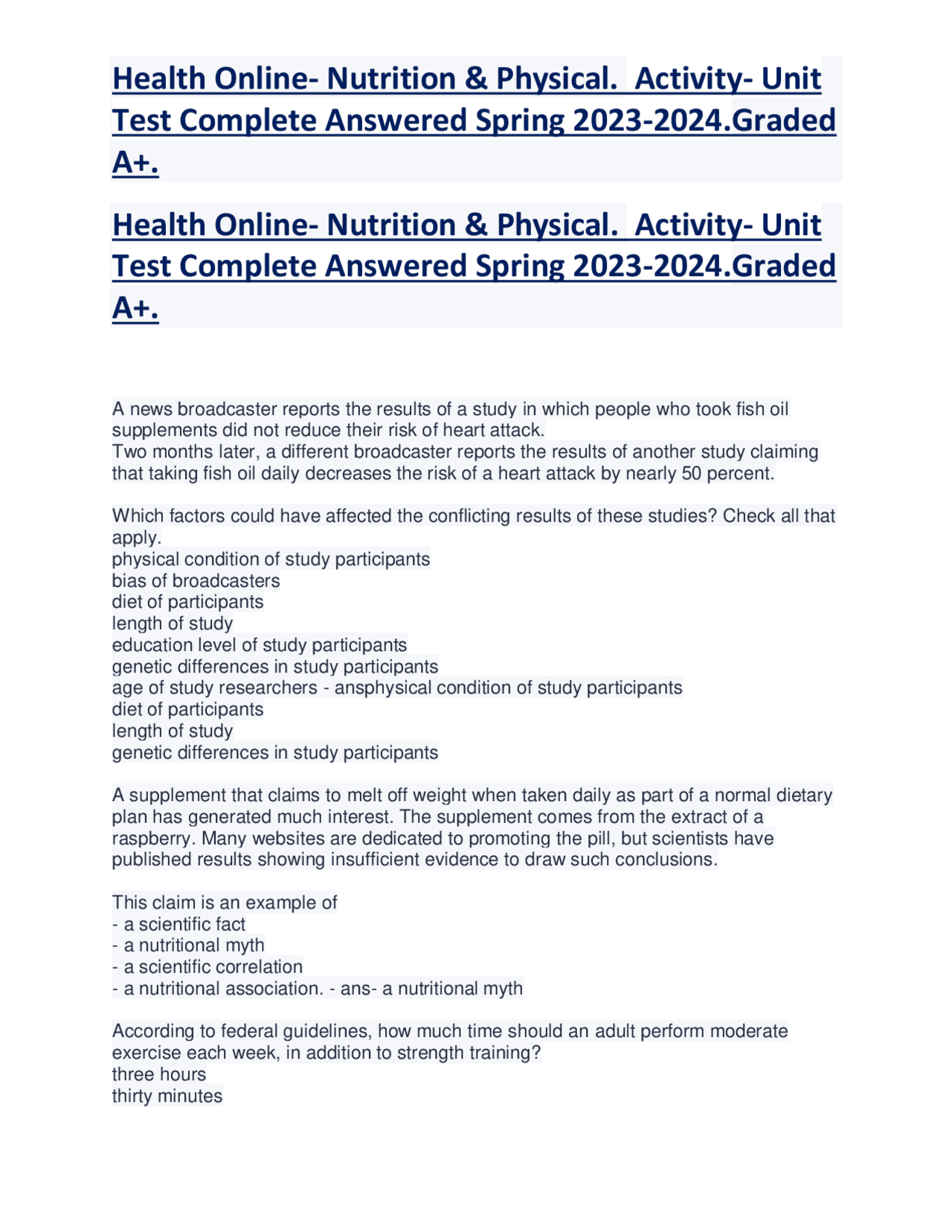 Health Online- Nutrition & Physical. Activity- Unit Test Complete ...