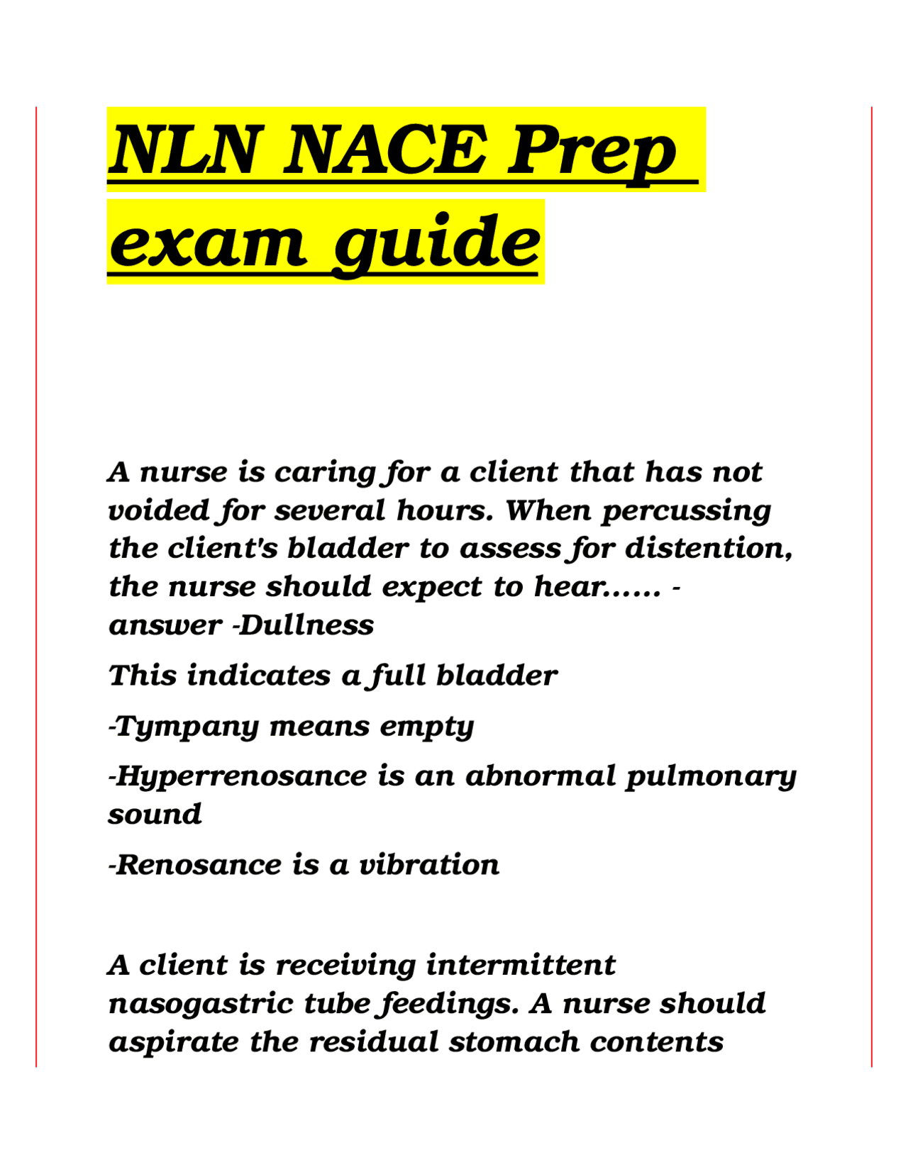 NACE Prep Exam Guide: Nursing Fundamentals | Exams Nursing | Docsity