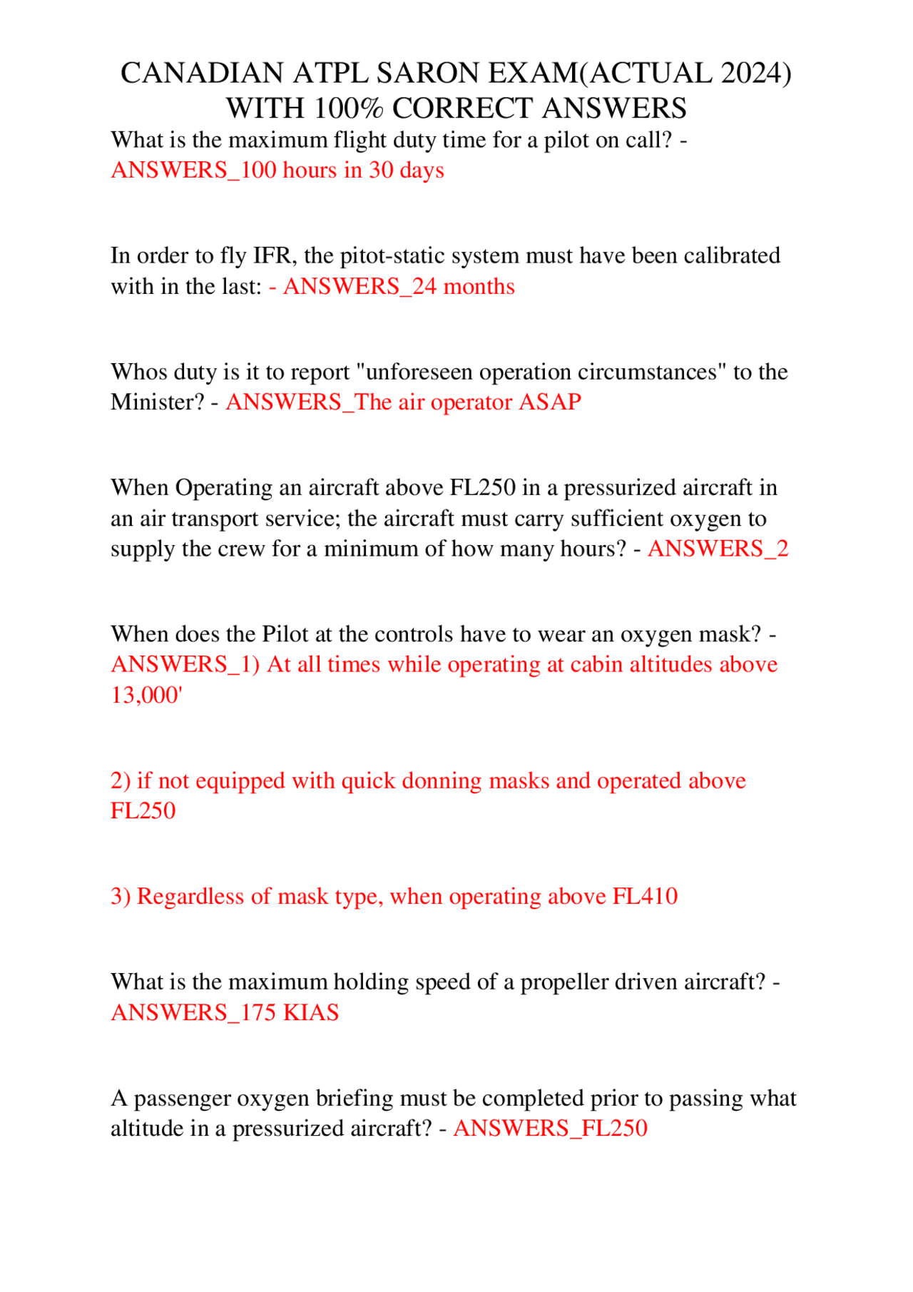 CANADIAN ATPL SARON EXAM(ACTUAL 2024) WITH 100% CORRECT ANSWERS | Exams ...