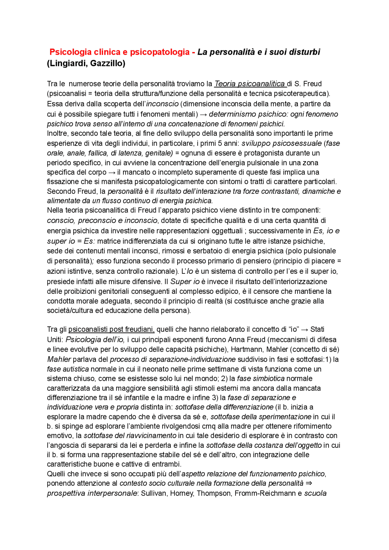 Riassunto Lingiardi, V. & Gazzillo, "La personalità e i suoi disturbi ...