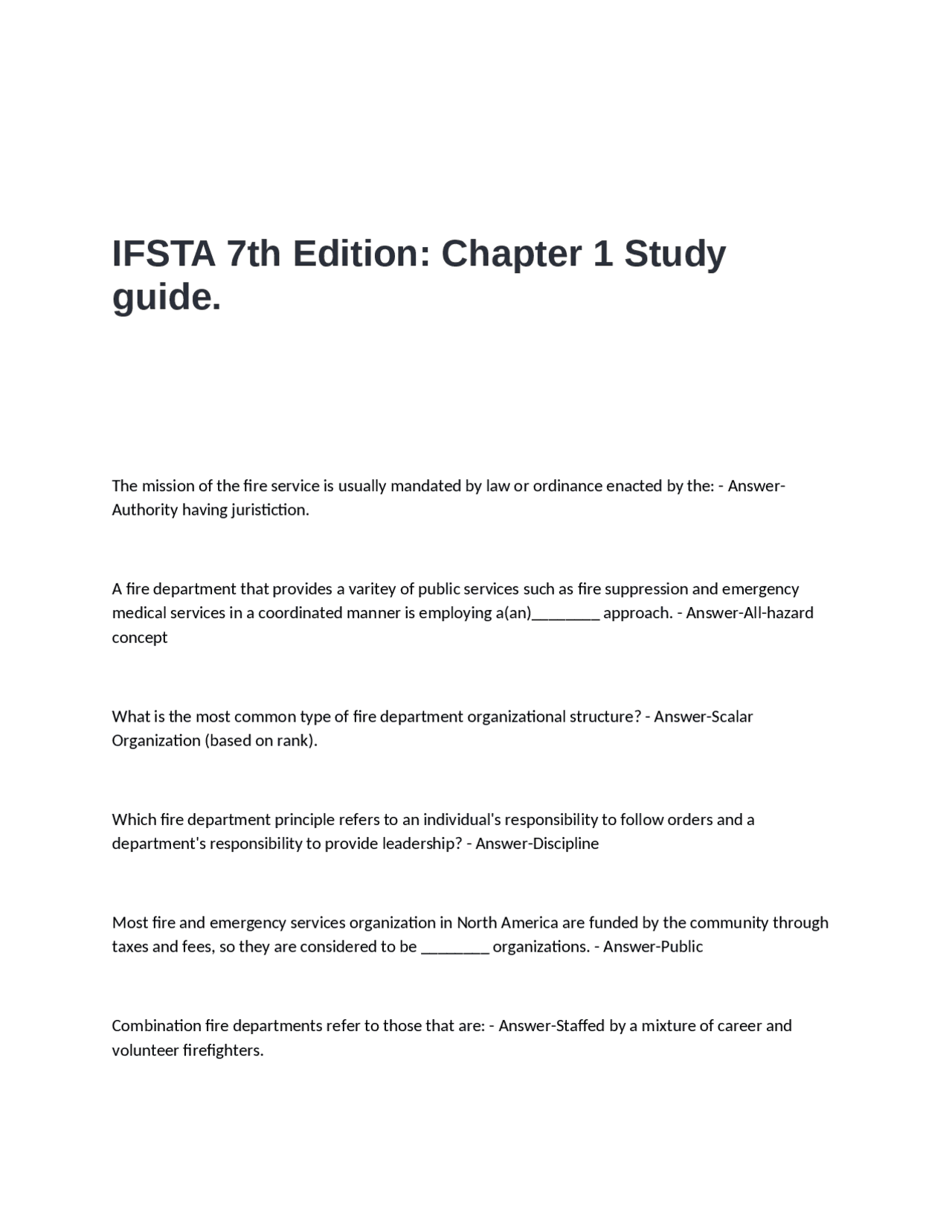IFSTA 7th Edition- Chapter Exam1 Study guide Questions with 100% ...