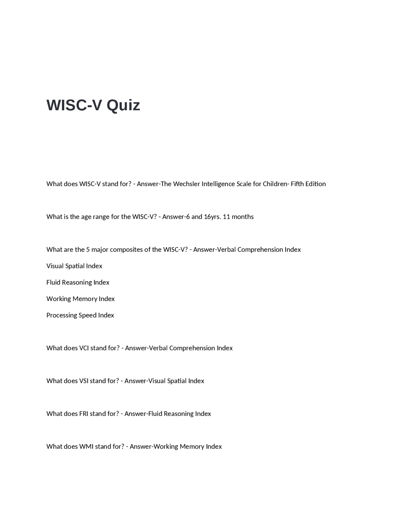 WISC-V Quiz Questions and Answers |100%Correct | Exams Nursing | Docsity
