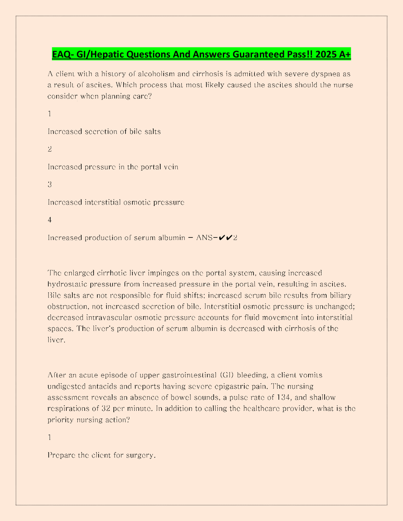 EAQ- GI/Hepatic Questions And Answers Guaranteed Pass!! 2025 A+ | Exams ...