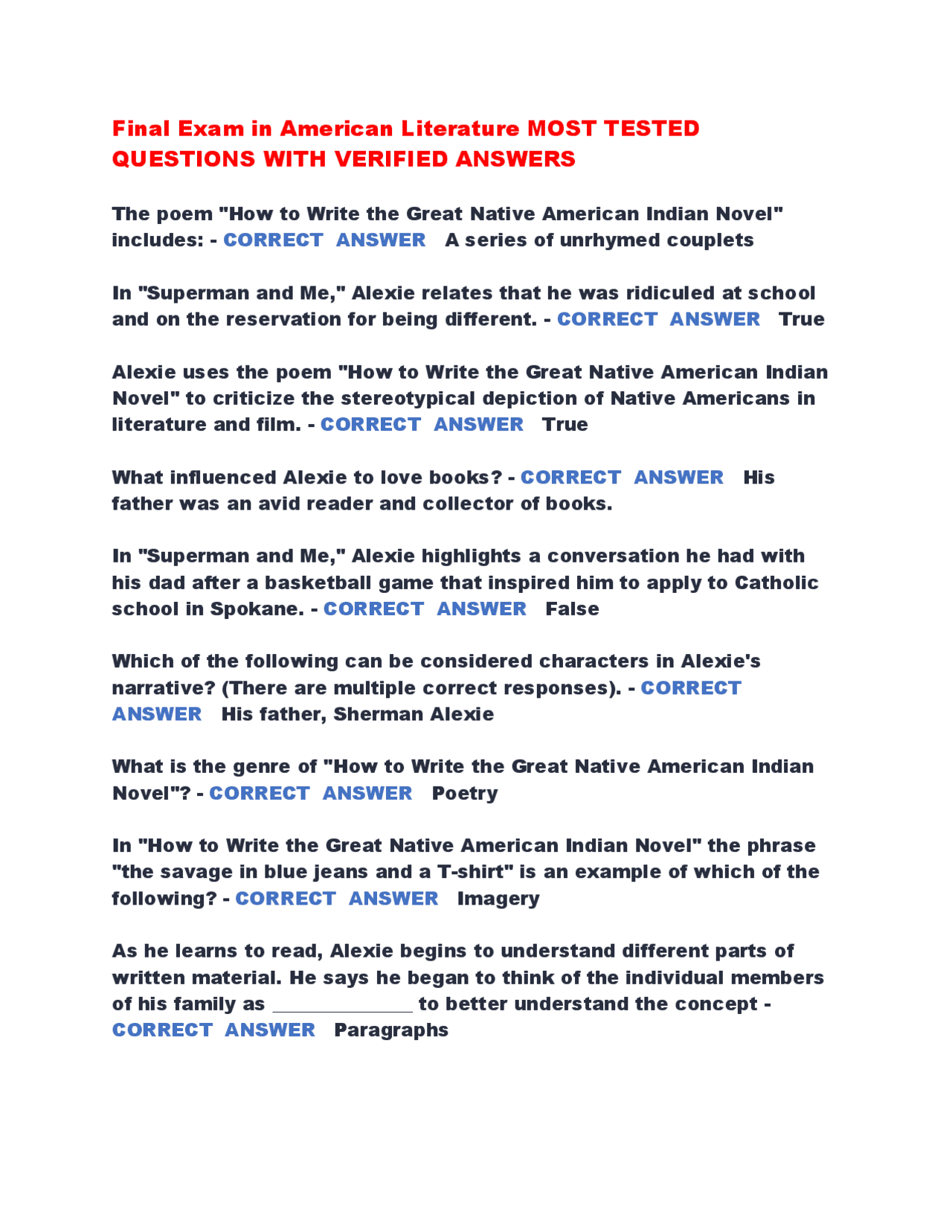 Final Exam in American Literature MOST TESTED QUESTIONS WITH VERIFIED ...