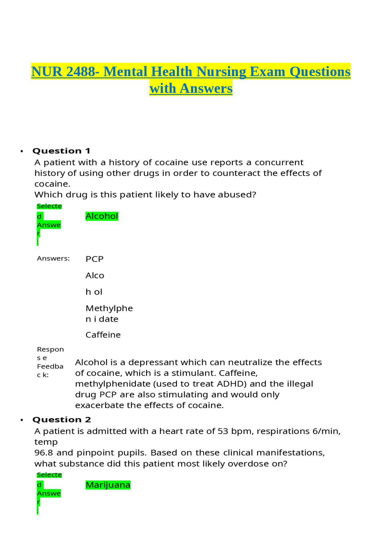 Mental Health Nursing Exam Questions and Answers | Exams Nursing | Docsity