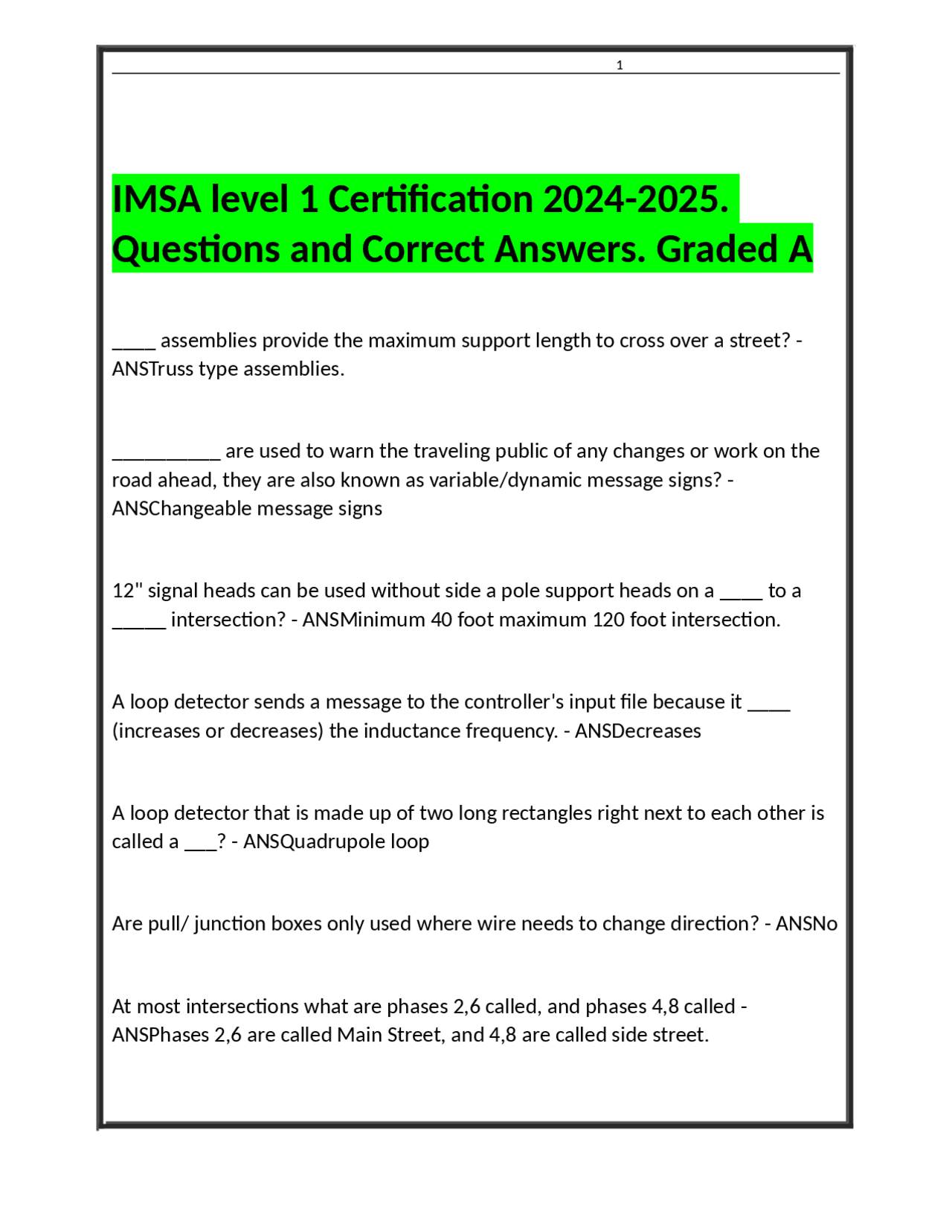 IMSA level 1 Certification 2024-2025. Questions and Correct Answers ...
