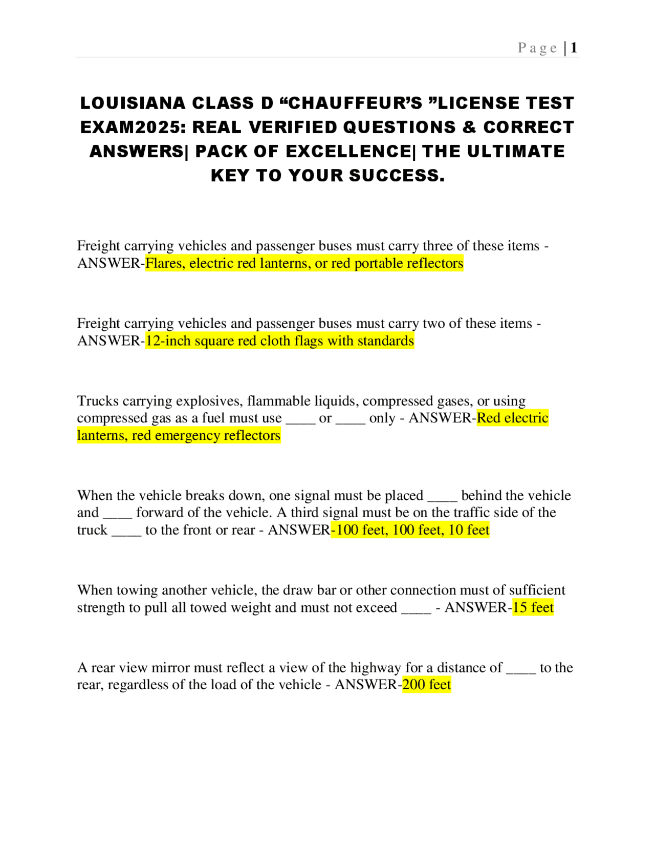 LOUISIANA CLASS D “CHAUFFEUR’S ”LICENSE TEST EXAM2025. | Exams Traffic ...