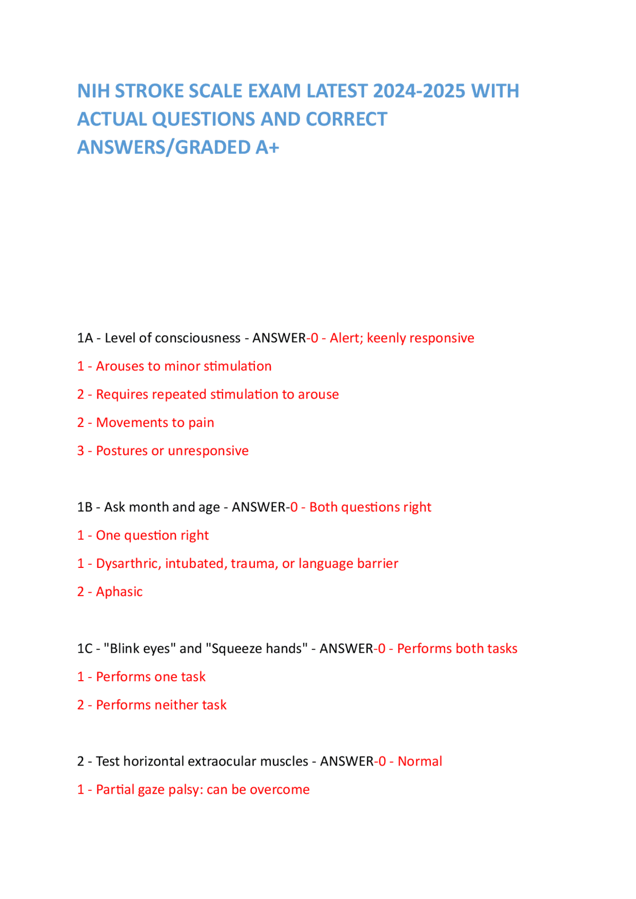 NIH Stroke Scale Exam: Questions and Answers for 2024-2025 | Exams ...