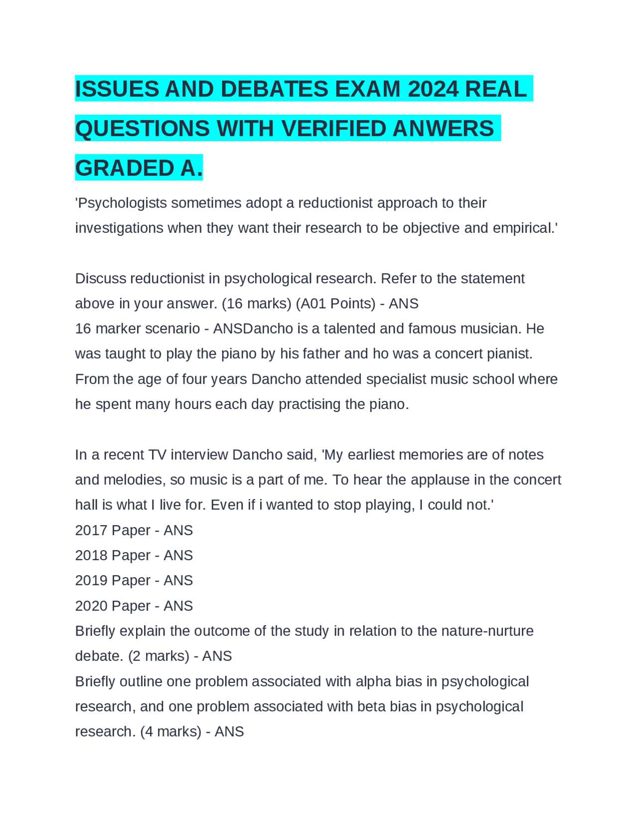 Psychology Exam Questions and Answers: Issues and Debates | Exams ...