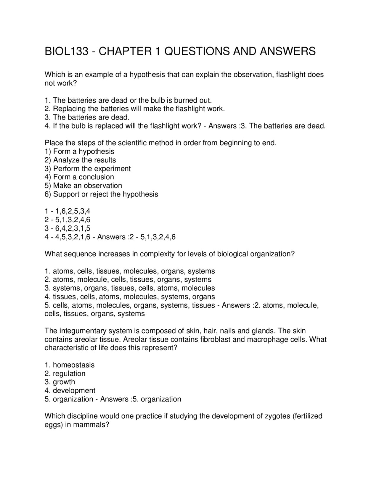 BIOL133 - Chapter 1: Introduction to Biology - Questions and Answers ...