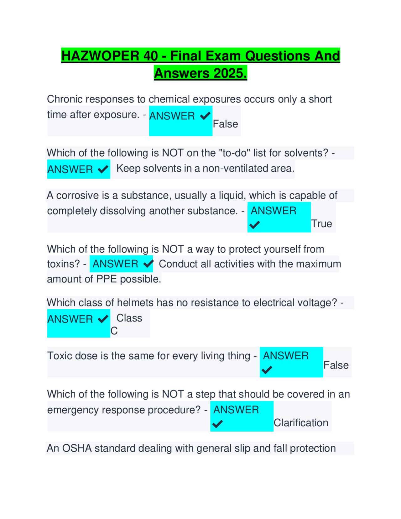 HAZWOPER 40 - Final Exam Questions And Answers 2025. | Exams Nursing ...