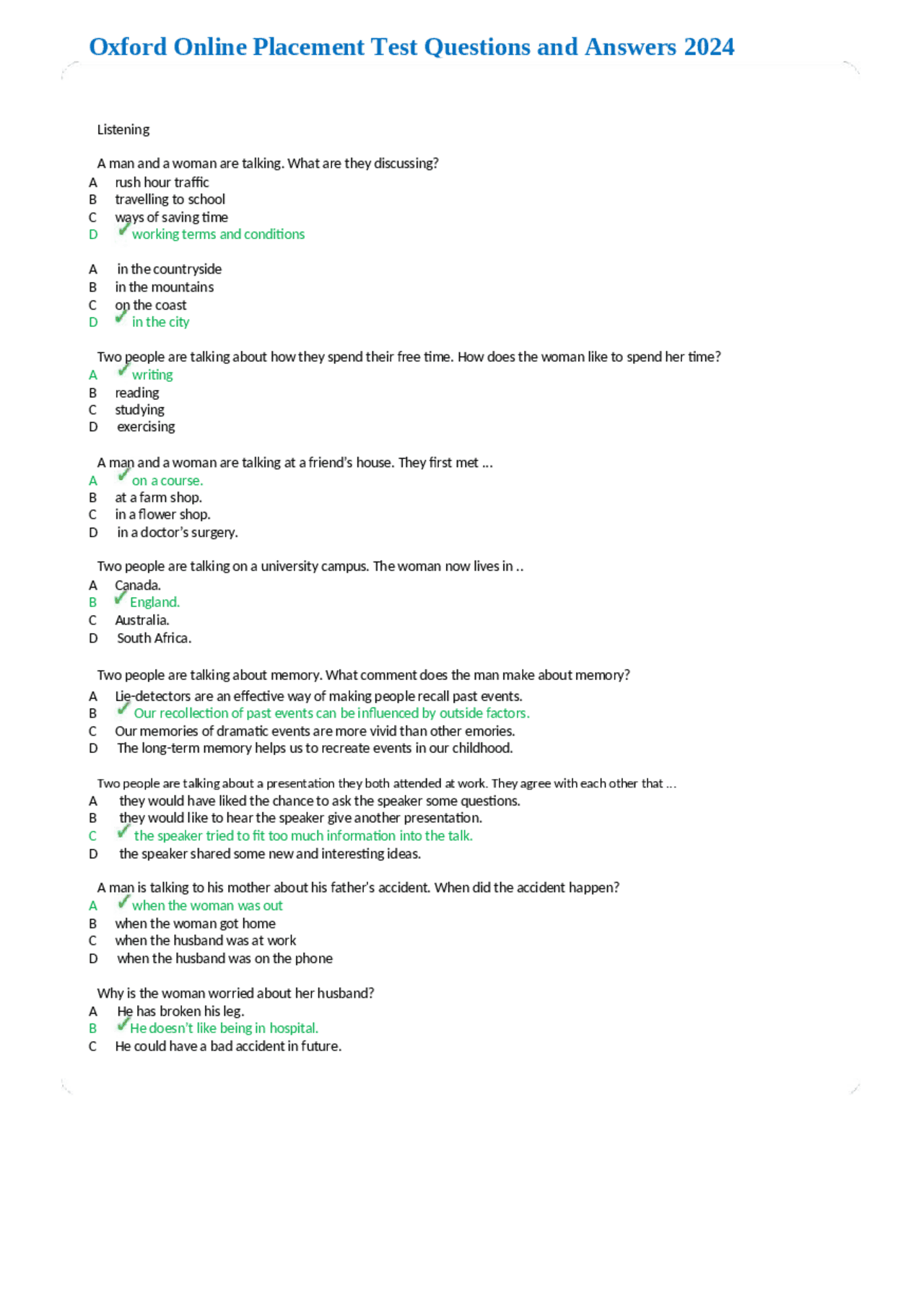 Oxford Online Placement Test Questions and Answers 2024 | Exams Nursing ...