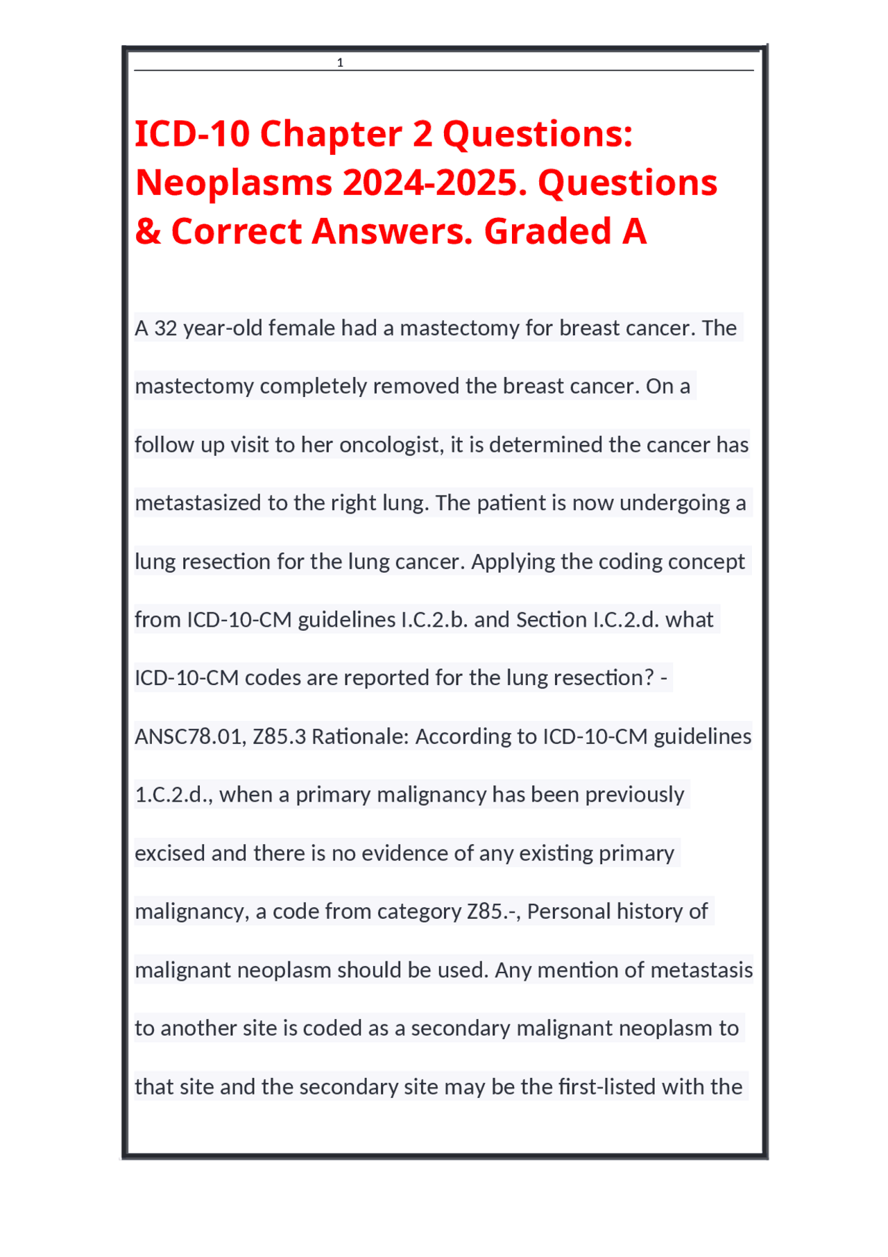 ICD-10 Chapter 2 Questions: Neoplasms 2024-2025. Questions & Correct ...