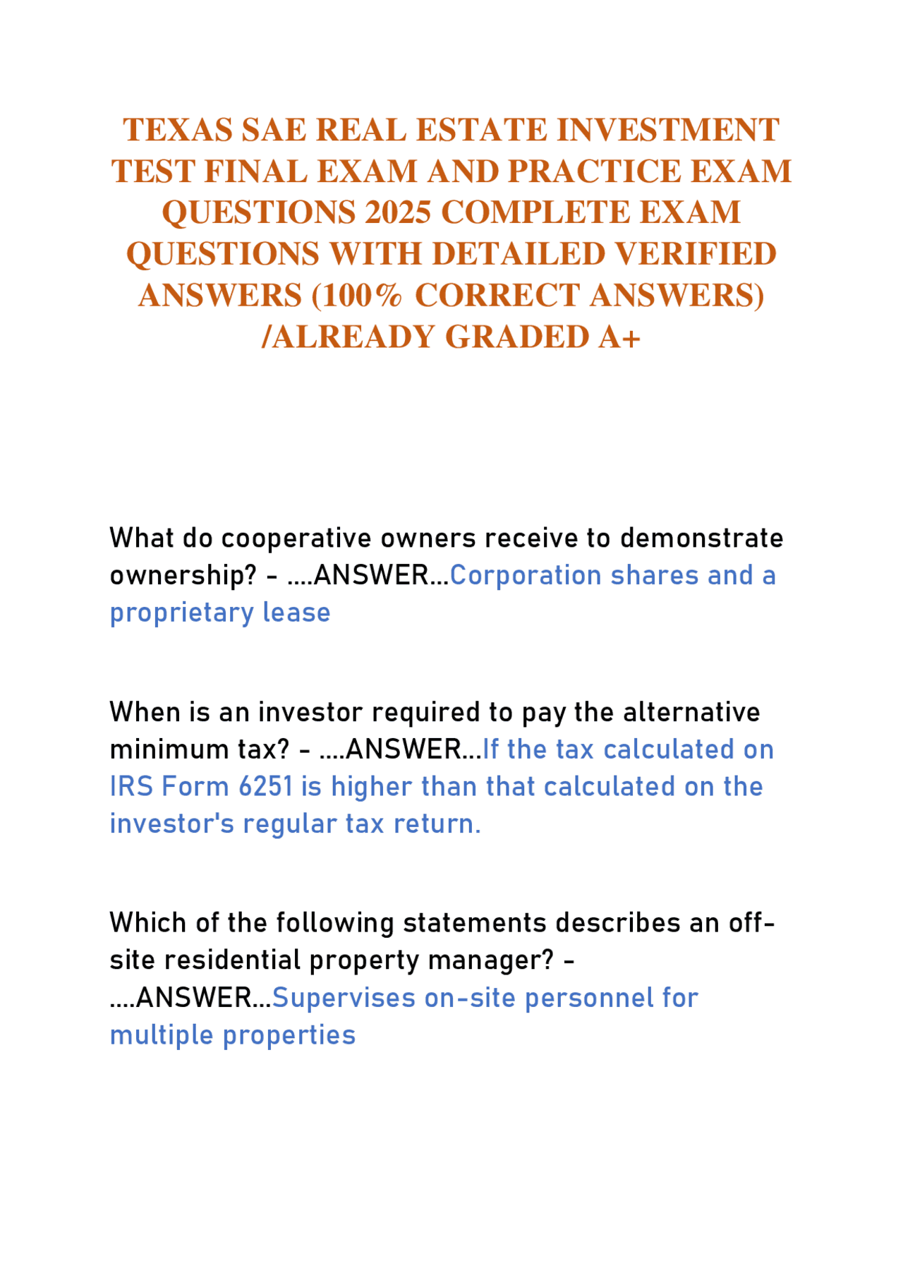 TEXAS SAE REAL ESTATE INVESTMENT TEST FINAL EXAM AND PRACTICE EXAM ...