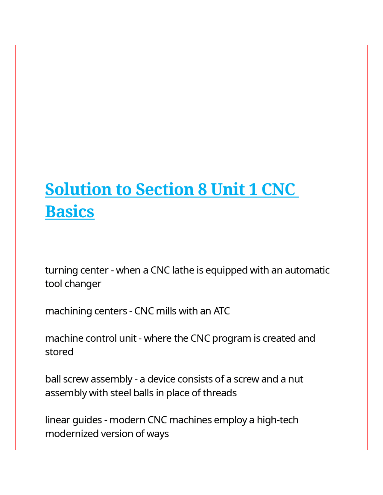 Solution to Section 8 Unit 1 CNC Basics.docx | Exams Nursing | Docsity