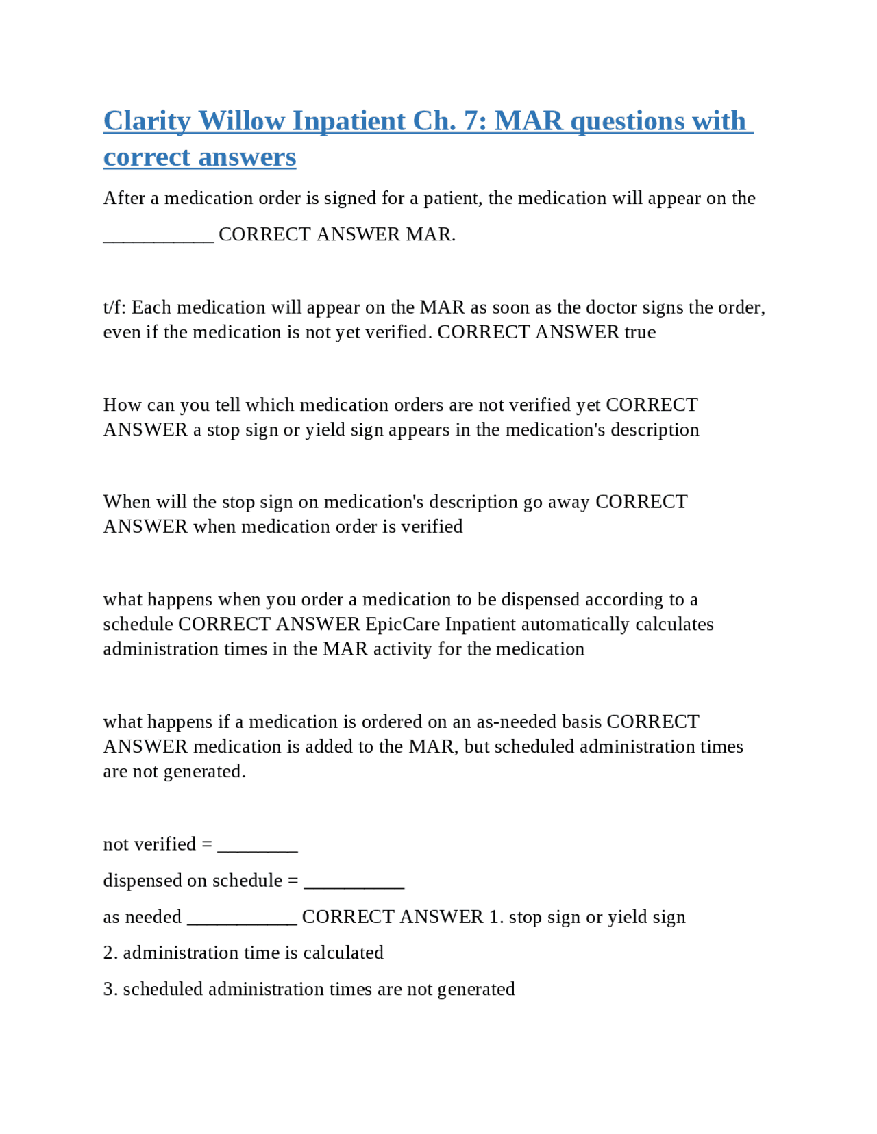Clarity Willow Inpatient Ch. 7: MAR Questions and Answers | Exams ...